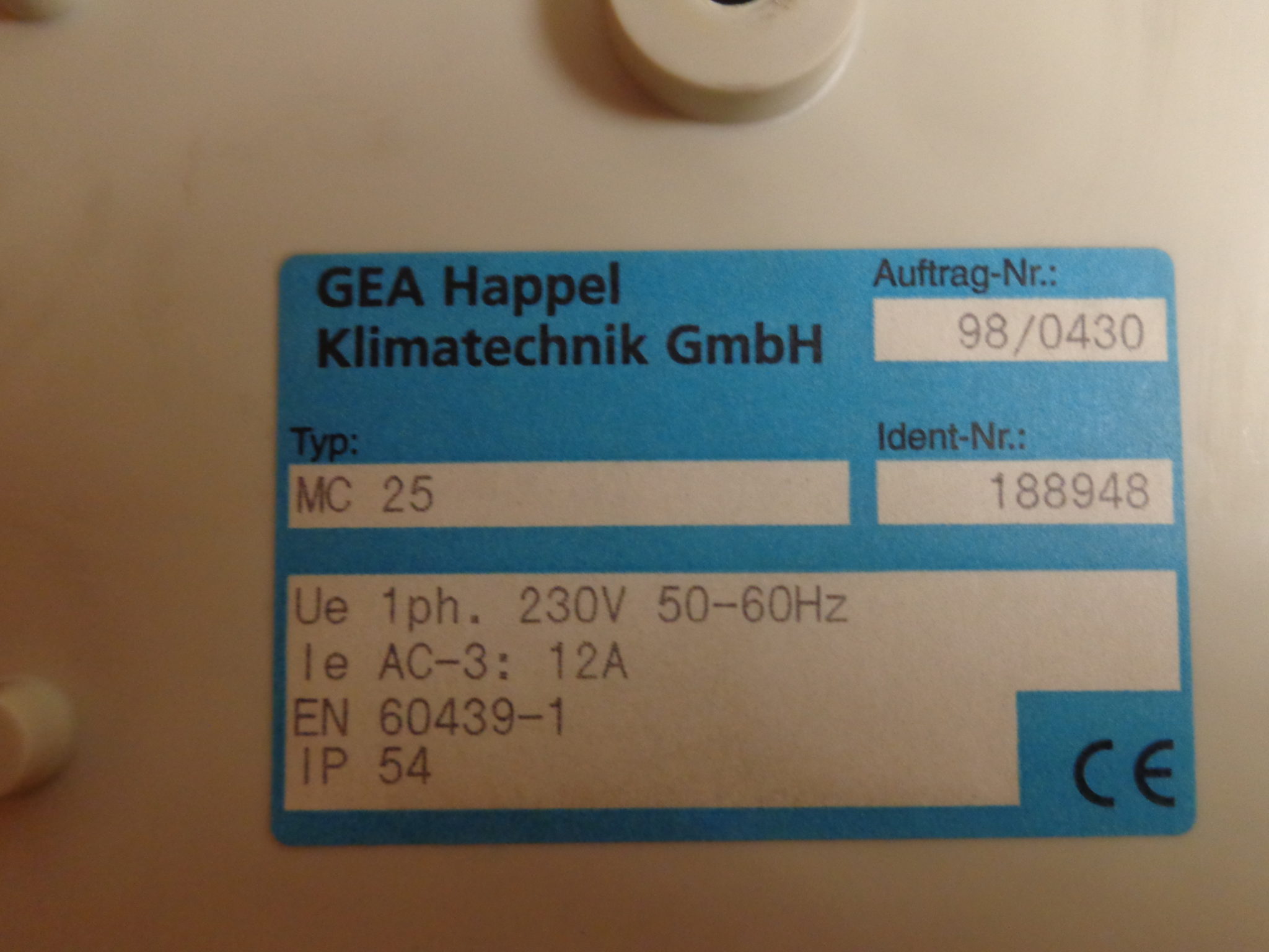 GEA Happel MC25 Klimatechnik Ue 1ph. 230V 50-60Hz Ie AC3: 12A IP54 ...